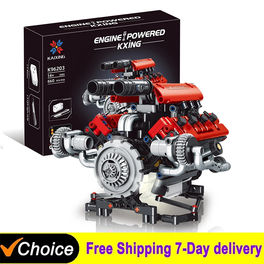 660Pcs Technical The Motorzed V8 Car Part Building Block Engine Model Set With LED Light ...