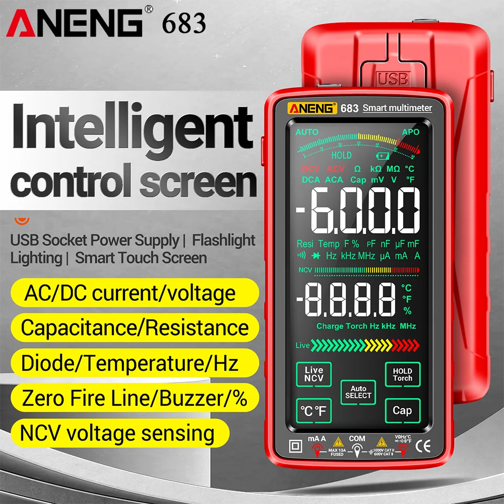 ANENG 683 6000 Counts Touch Screen Digital Multimeter Smart Anti-burn ...