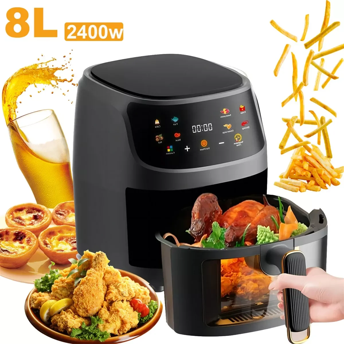 8L Air Fryer withSee-Through Window Interior Light 2400W Air Fry oil ...