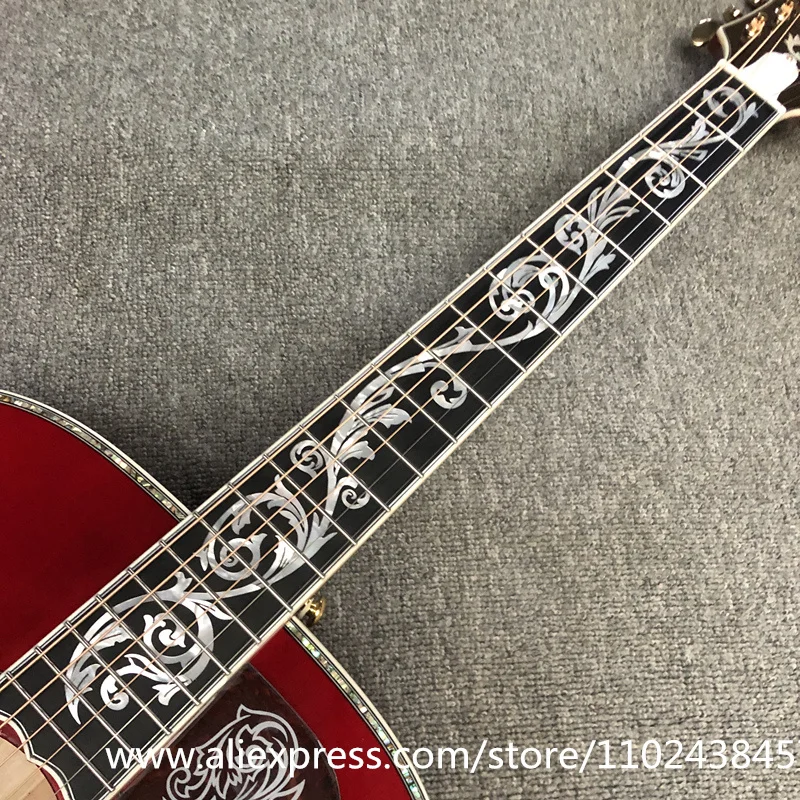 Solid-Spruce-Top-Ebony-Fingerboard-Real-abalone-Shell-Binding-and-Inlay-Jumbo-Dark-Red-Acoustic ...