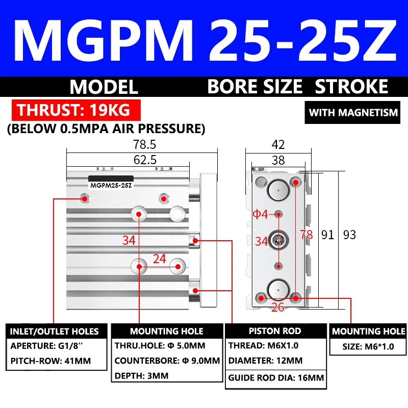 ABILKEEN MGPM Series Pneumatic Compact Guide Cylinder MGPM25-25Z 25MM ...