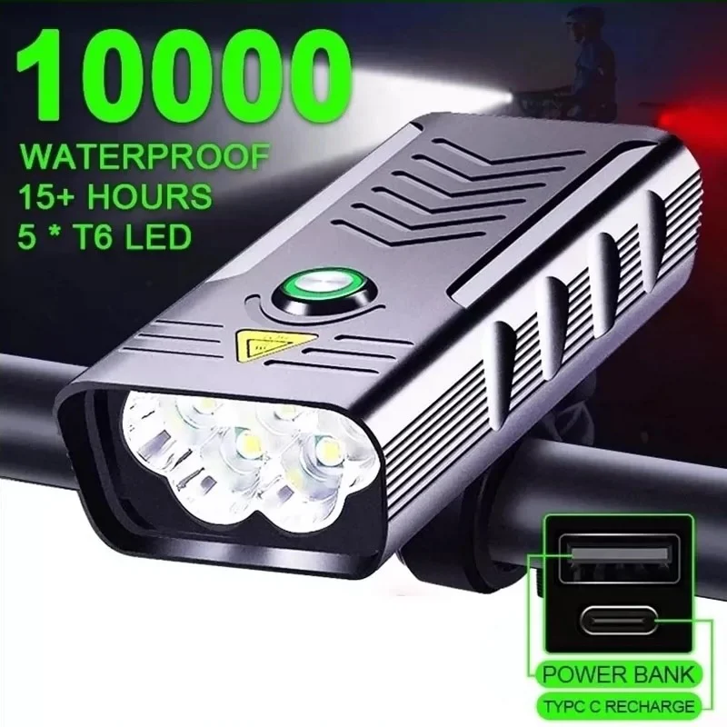10000mAh Bike Light USB Rechargeable 10000 Lumen Bike Headlight 5T6 LED ...