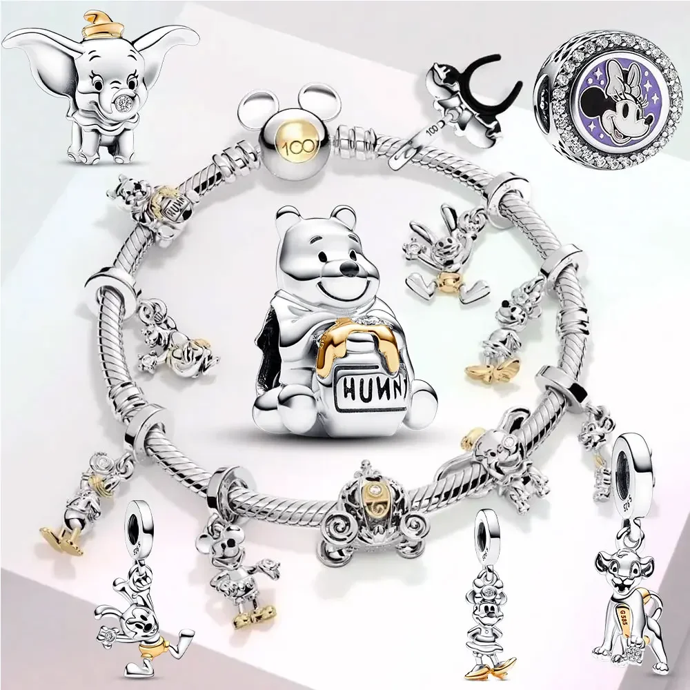 Disney-925-Sterling-Silver-Charm-para-Mulheres-100-Anivers-rio-Mickey ...