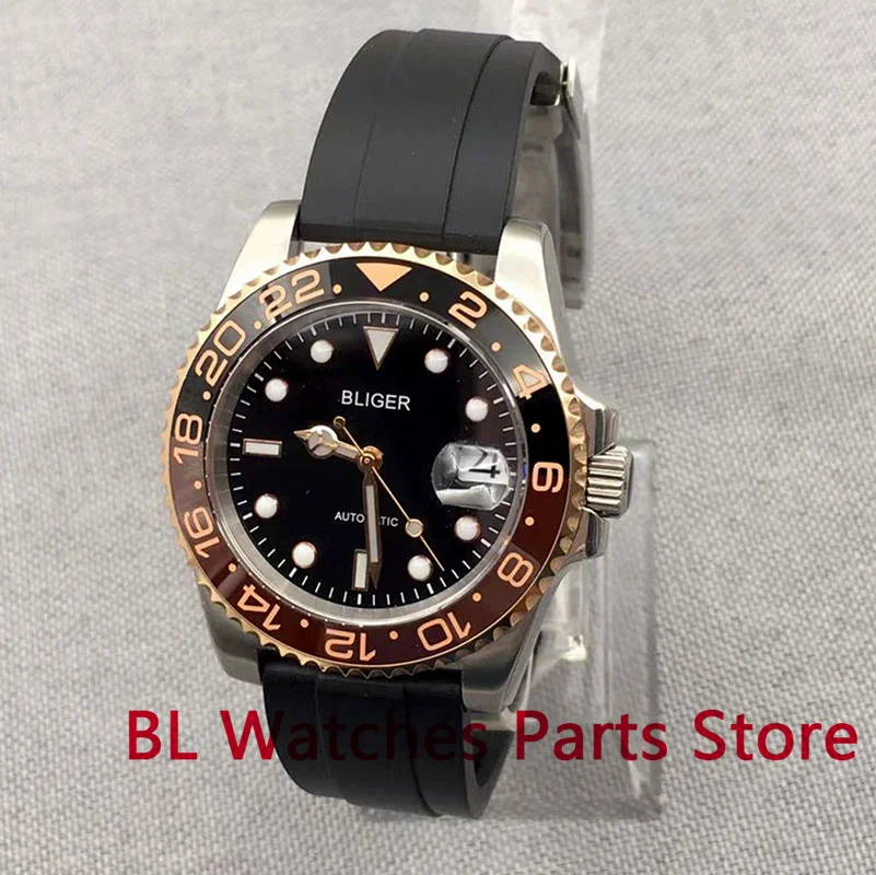BLIGER 40mm Two tone Rose Gold Rootbeer NH35 Watch For Men Ceramic ...