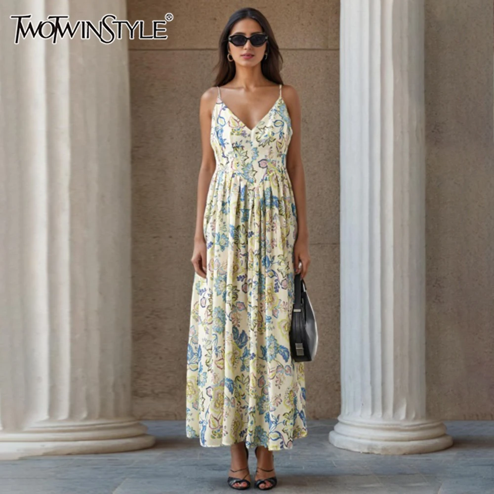TWOTWINSTYLE-Beach-Style-Hit-Color-Printing-Dress-For-Women-V-Neck ...