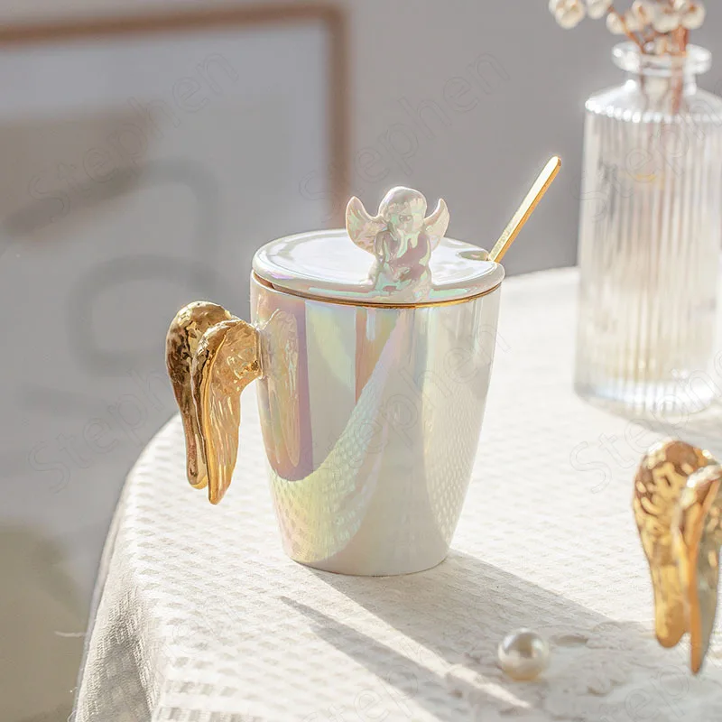 European-Gold-Wings-Angel-Mugs-with-Spoon-Classic-Retro-Pearl-Overglaze ...