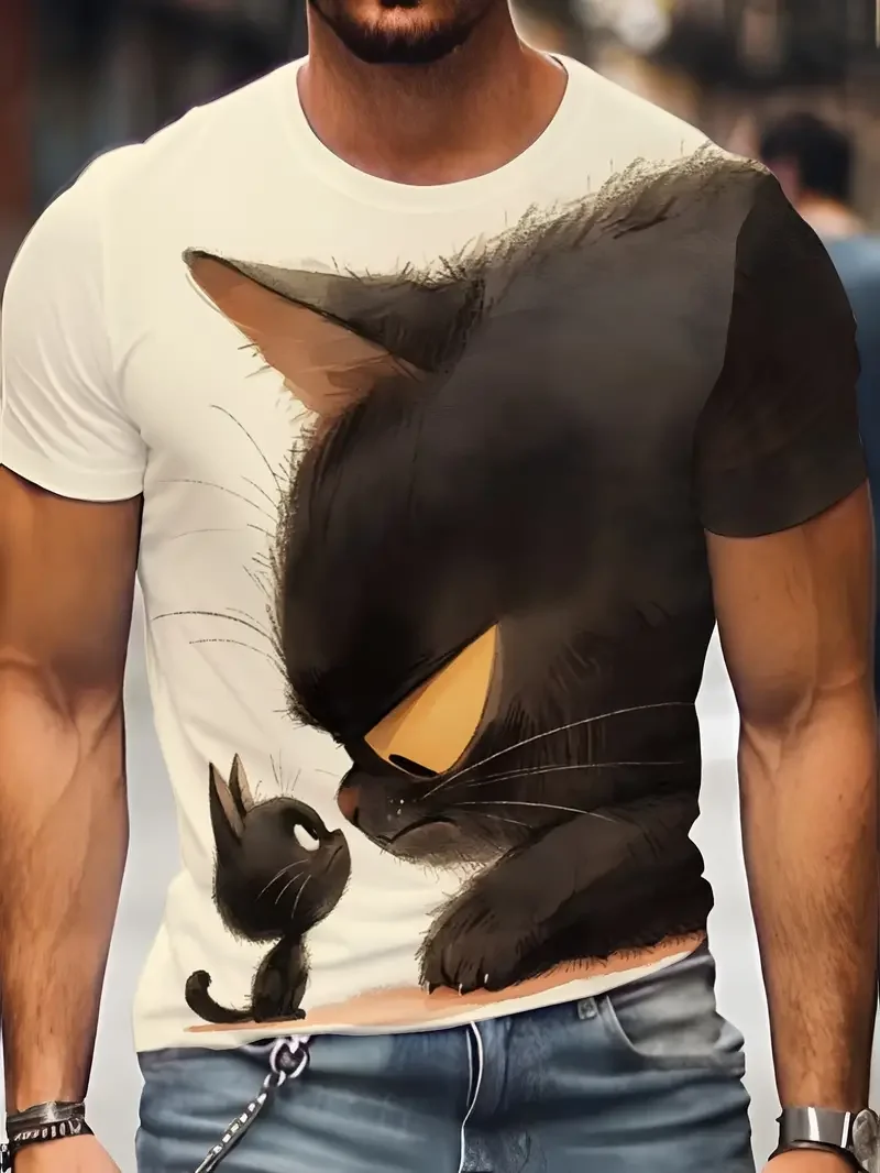 Summer Men's T-shirt Animal Cute Cat Print Crew Neck Short Sleeve Tee ...