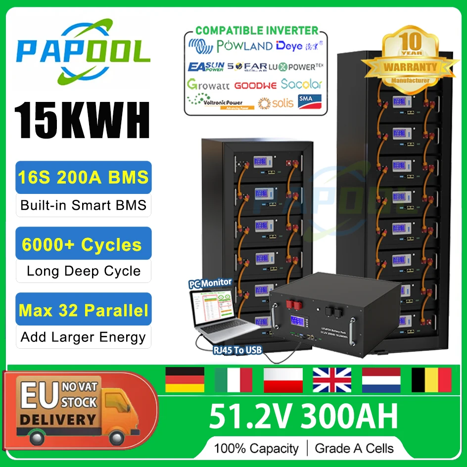 LiFePO4 48V 300Ah 15Kwh Battery Pack 6000 Cycle 16S BMS RS485/CAN PC ...