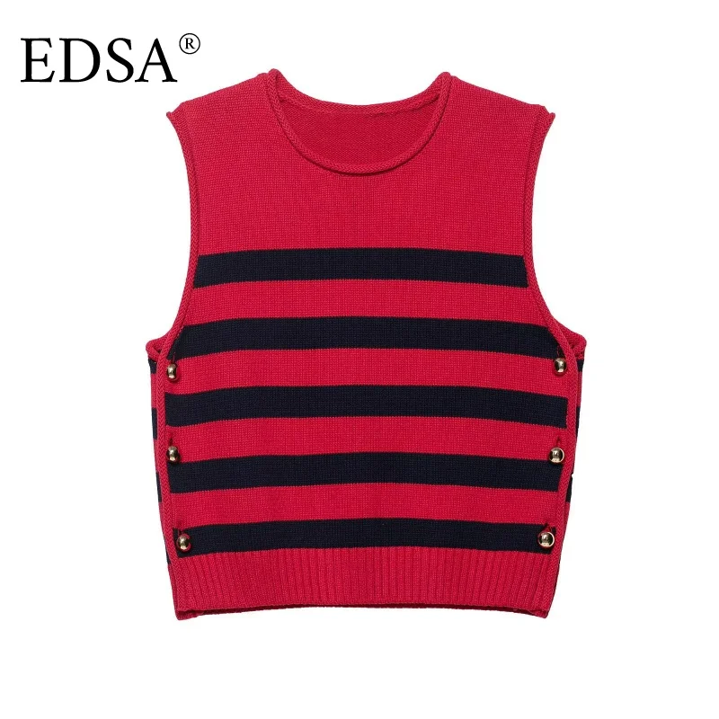 EDSA Women Red Striped Knitted Vest with Side Buttons O-Neck Sweater ...