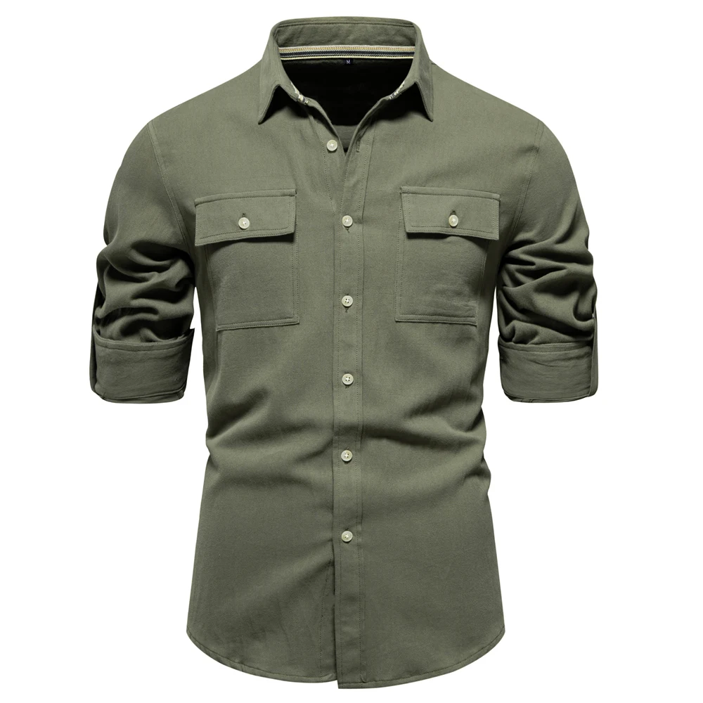 AIOPESON-100-Cotton-Casual-Men-s-Shirts-Solid-Color-Double-Pockets-Long ...