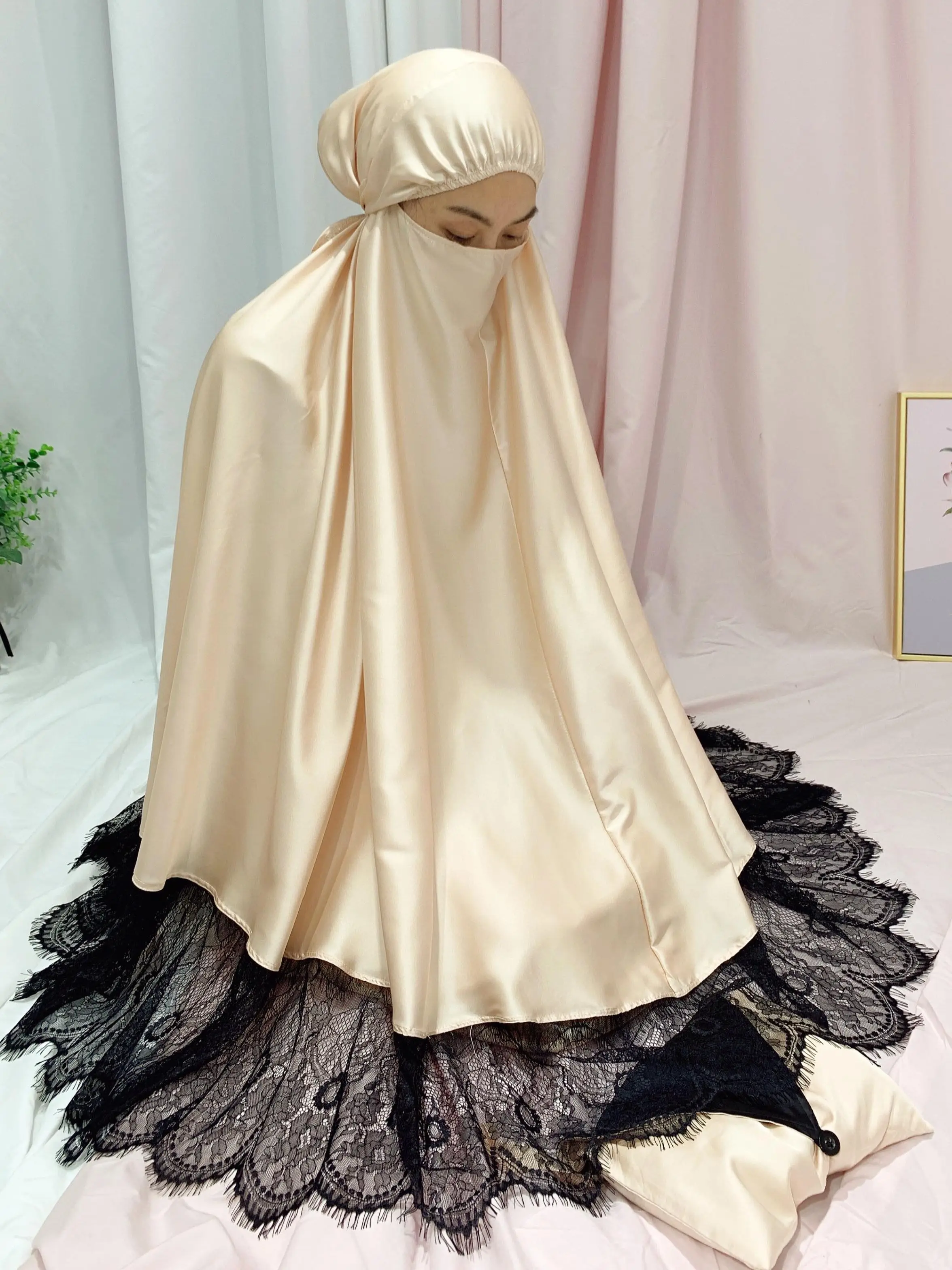 Jilbabs Lace Trim Muslim Woman Jilbeb 2 Piece Sets Hooded Abaya + Skirt ...