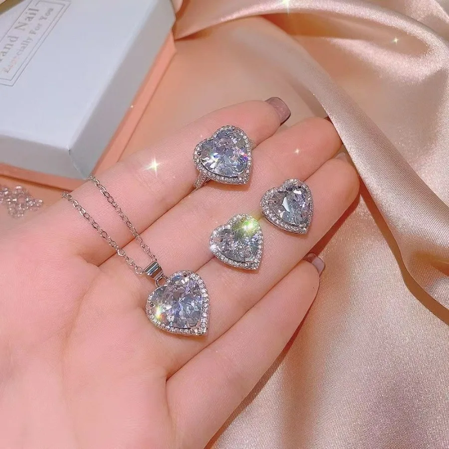 Heart Rhinestone Jewelry Set - Dainty Collar Necklace Ring Earrings ...