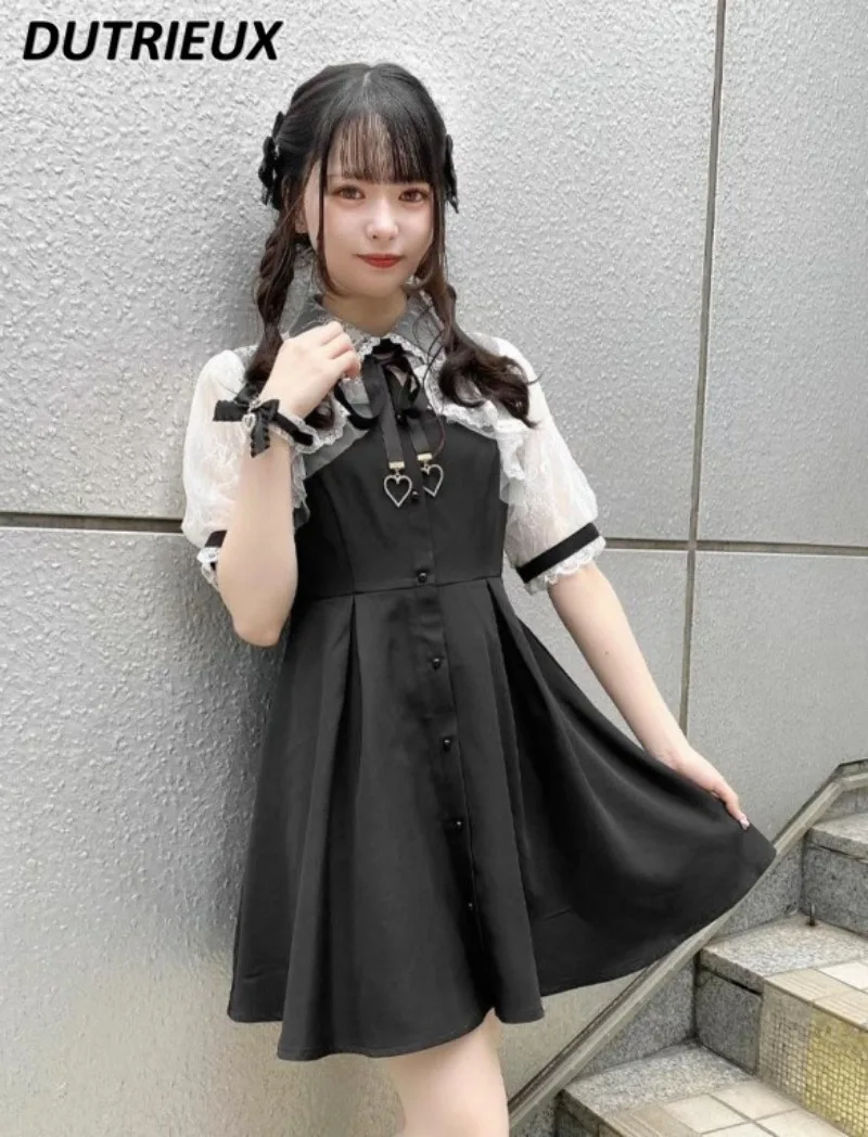 Summer Japanese Style Lace Stitching Short Sleeve Waist-Controlled ...