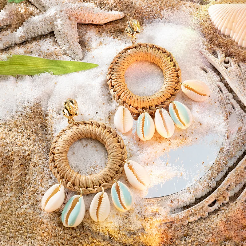 Boho-Big-Shell-Cowrie-Rattan-Handmade-Earrings-Natural-Seashell-Statement-Drop-Earrings-Women ...