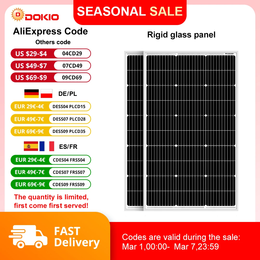 DOKIO 18V 100W 200W Rigid Solar Panel China Monocrystalline Waterproof ...