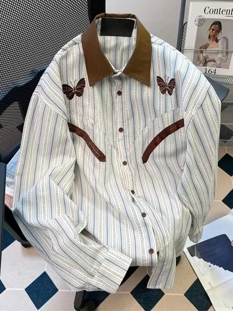 Zoki Bufferfly Striped Shirts Women Oversize Loose Long Sleeve ...