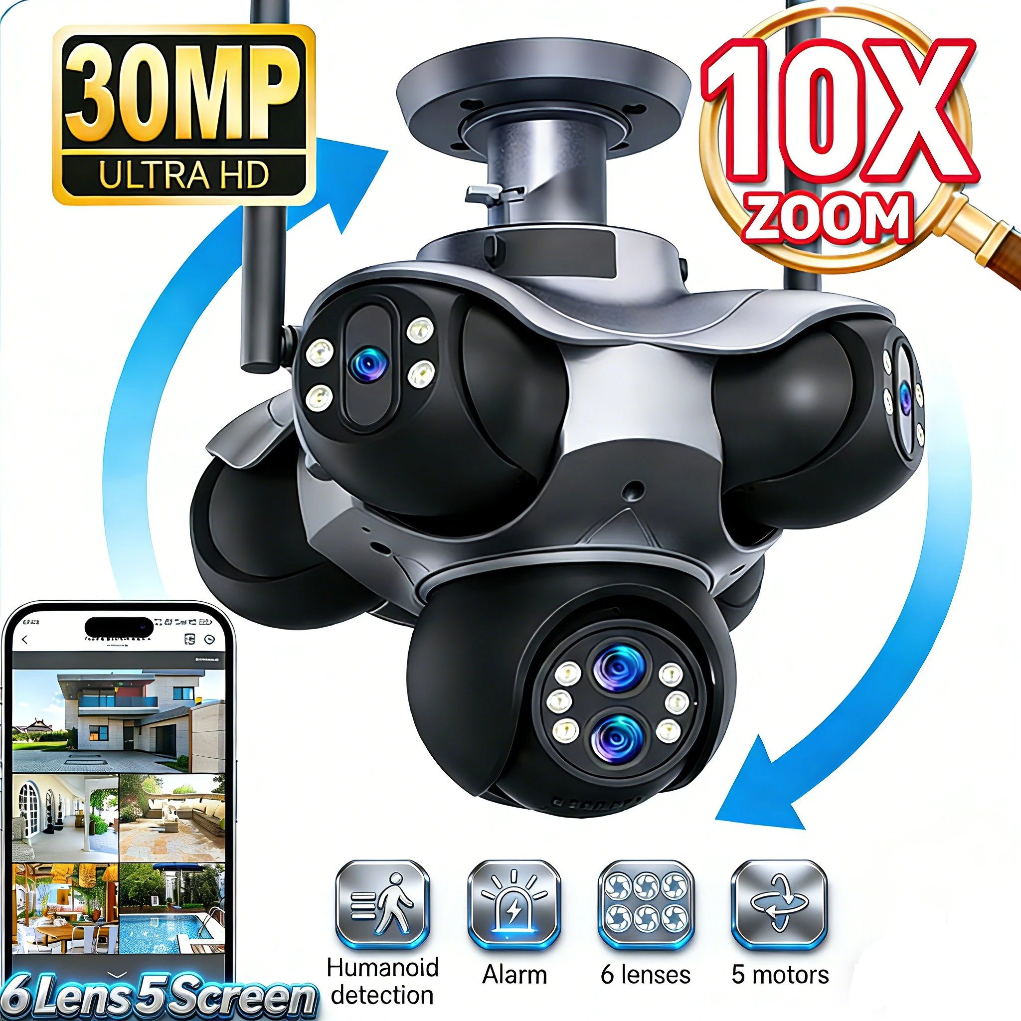 Caméra de sécurité WiFi 30MP, ZOOM optique 10X, cinq écrans, 6 ...