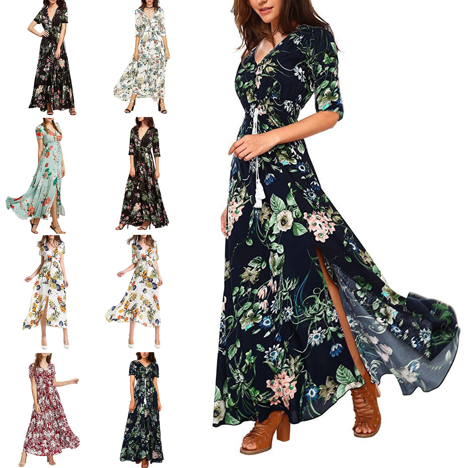 Bohemian-Women-s-Summer-Dress-Flower-Print-V-Neck-Short-Sleeve-Midi ...