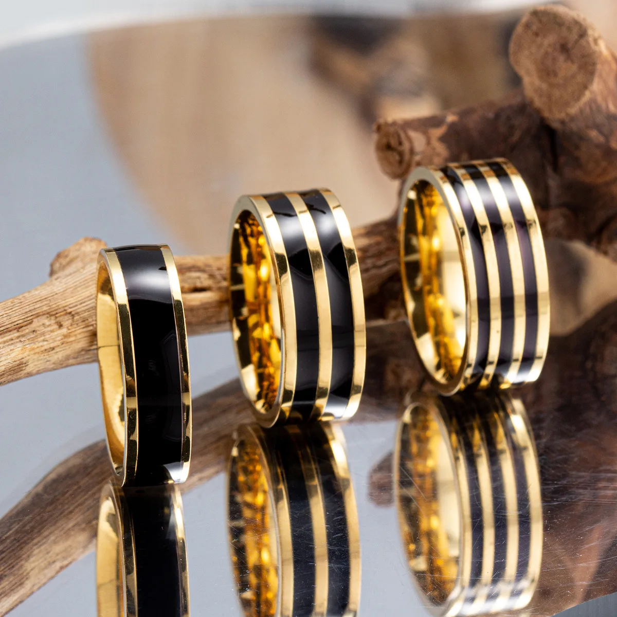 Fashion 6/8mm Men Women Black Drip Oil Rings Golden Stripe Wedding ...