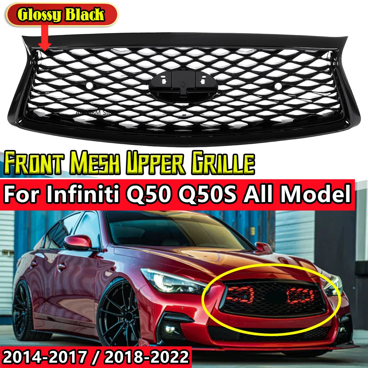 Gloss-Black-Car-Front-Grille-Racing-Grill-Replacement-Upper-Bumper-Hood ...