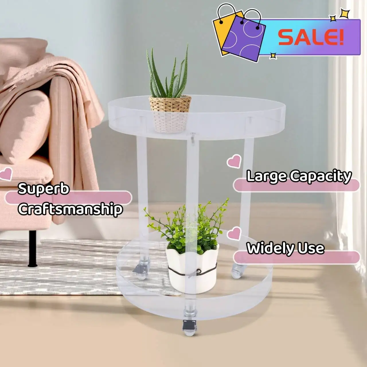 2-Tier-Kitchen-Serving-Cart-Rolling-Utility-Storage-Side-Table-Clear ...