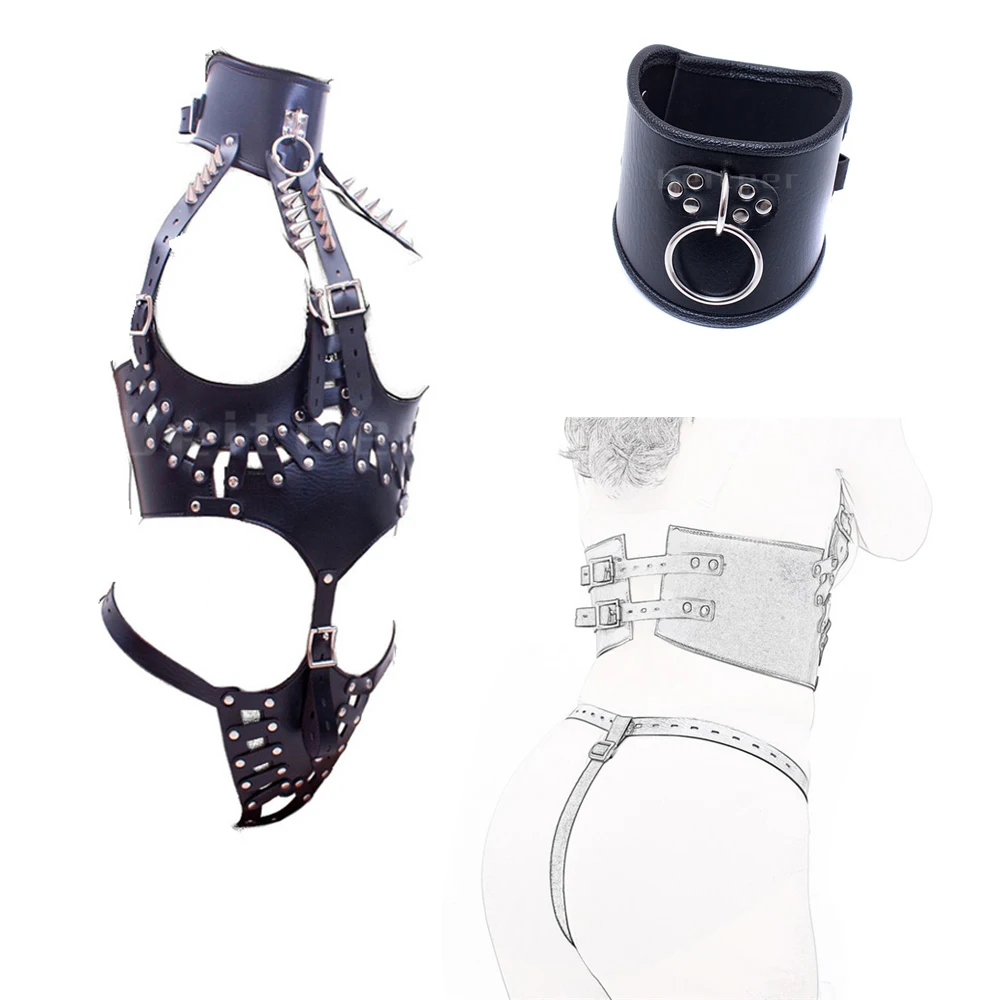 Women PU Leather Sexy Body Harness Rivet Erotic Costume with Neck Collar Open Breast BDSM Thong ...