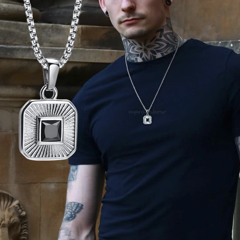 Men's Necklace, Black Geometric Square CZ Stone Embossing Radiation ...