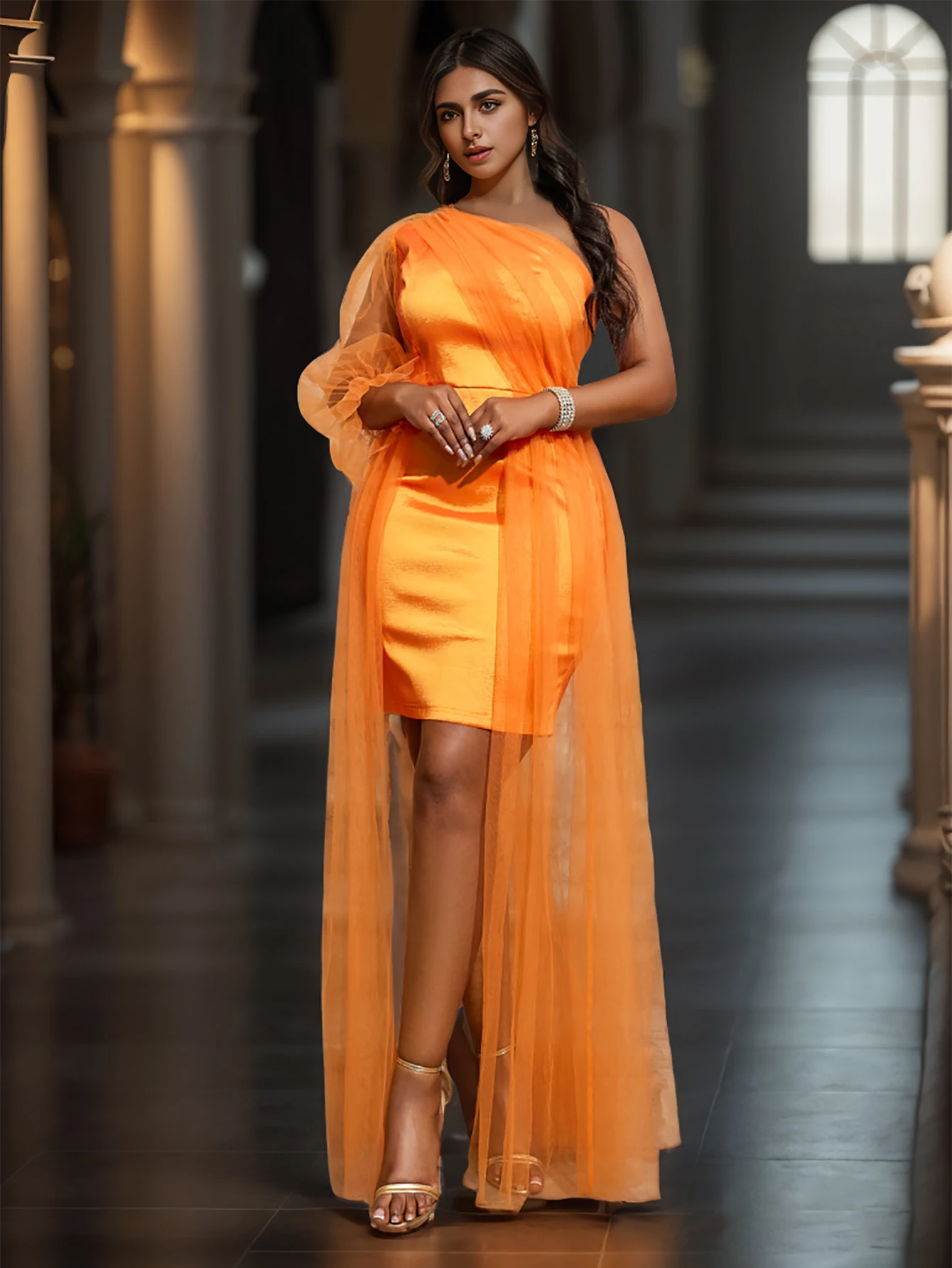 Orange-Evening-Dresses-One-Shoulder-Irregular-See-Through-Sheer-Long ...