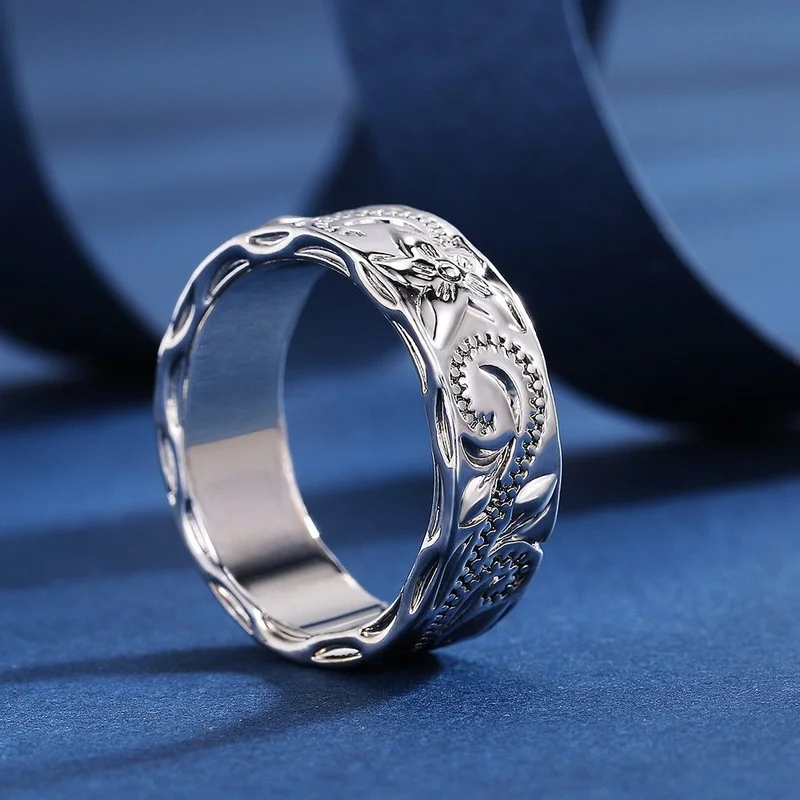 Elegant Silver Relief Flower Branch and Leaf Design Ring, Used for ...