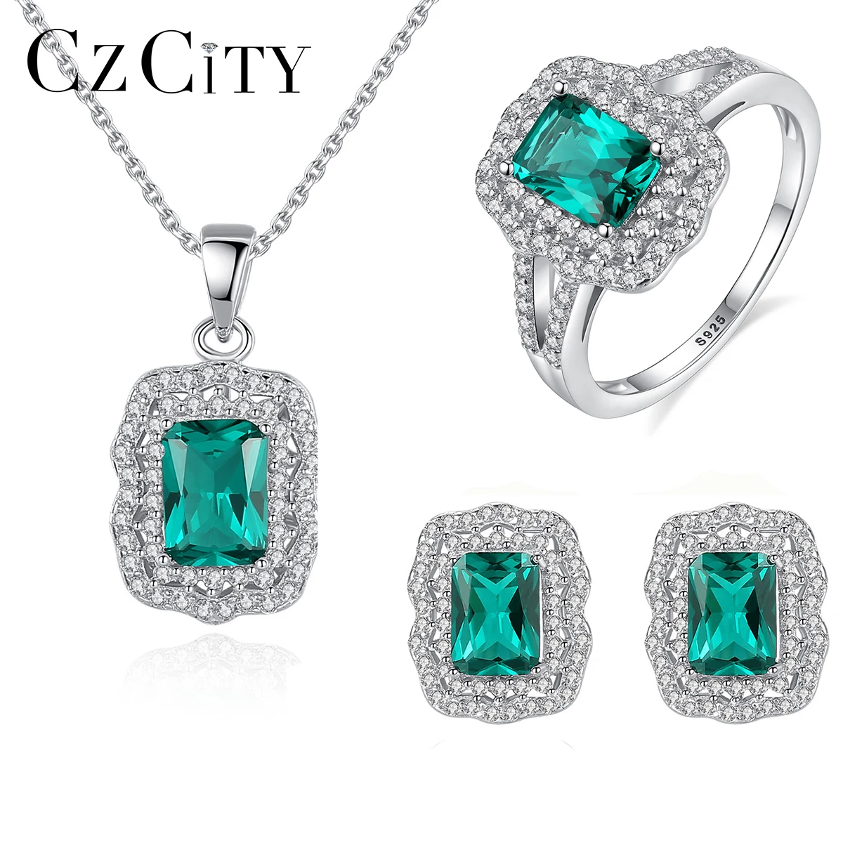 Czcity quadrado verde esmeralda s925 prata esterlina feminino conjunto ...