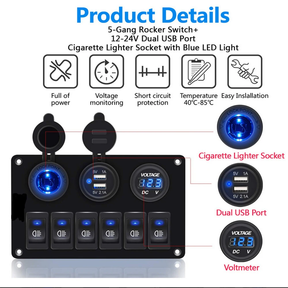12V/24V Rocker Switch Panel For Truck Camper RV Yacht Marine Car 6 Gang ...