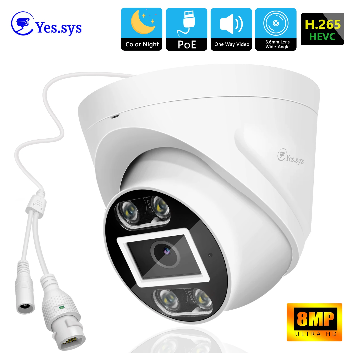 2.8mm Wide angle lens POE 4K Security Turret Camera Color Night Vision ...