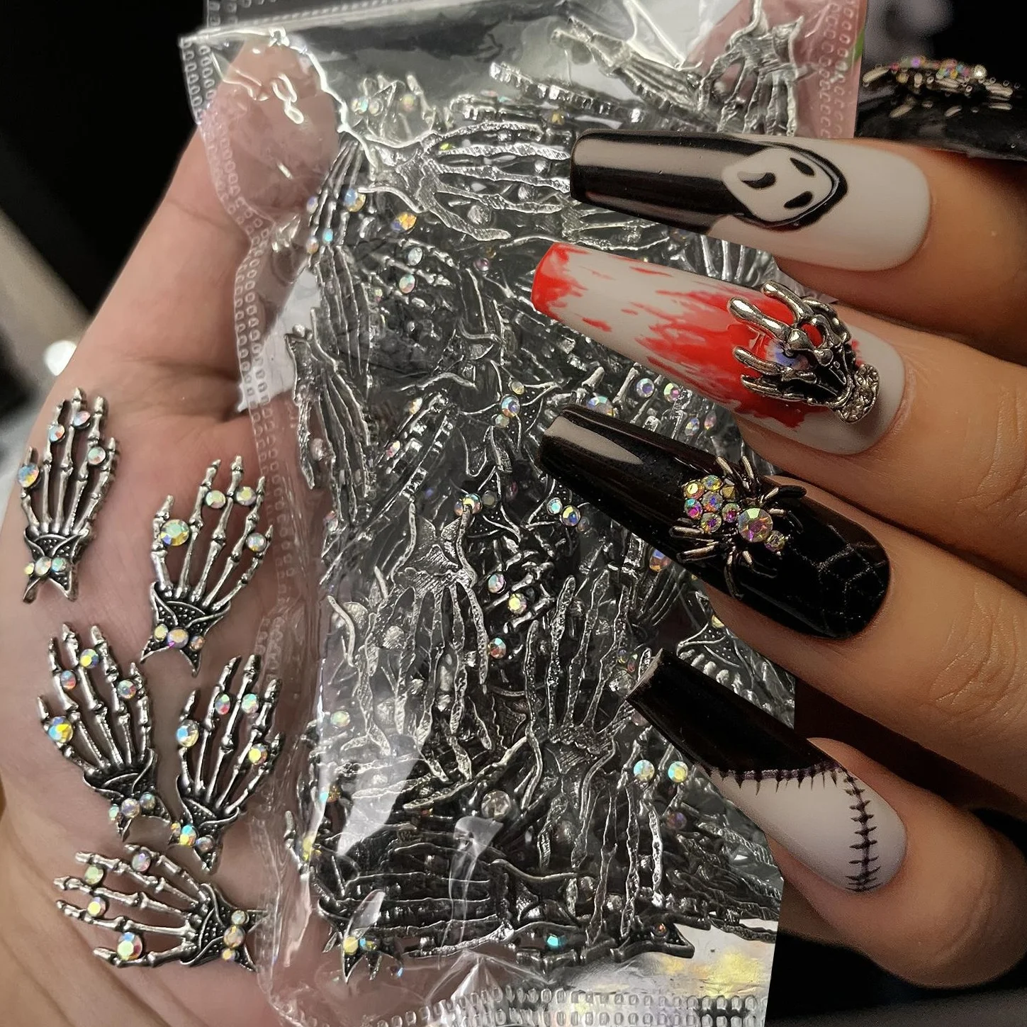 10PCS-Halloween-Ornaments-3D-Metal-Nail-Art-Decorations-Black-Skull ...