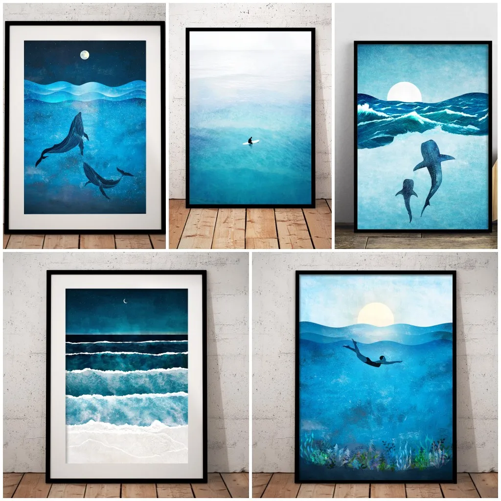 Blue-Ocean-Canvas-Prints-Minimalist-Nautical-Wall-Art-Wild-Swimming ...