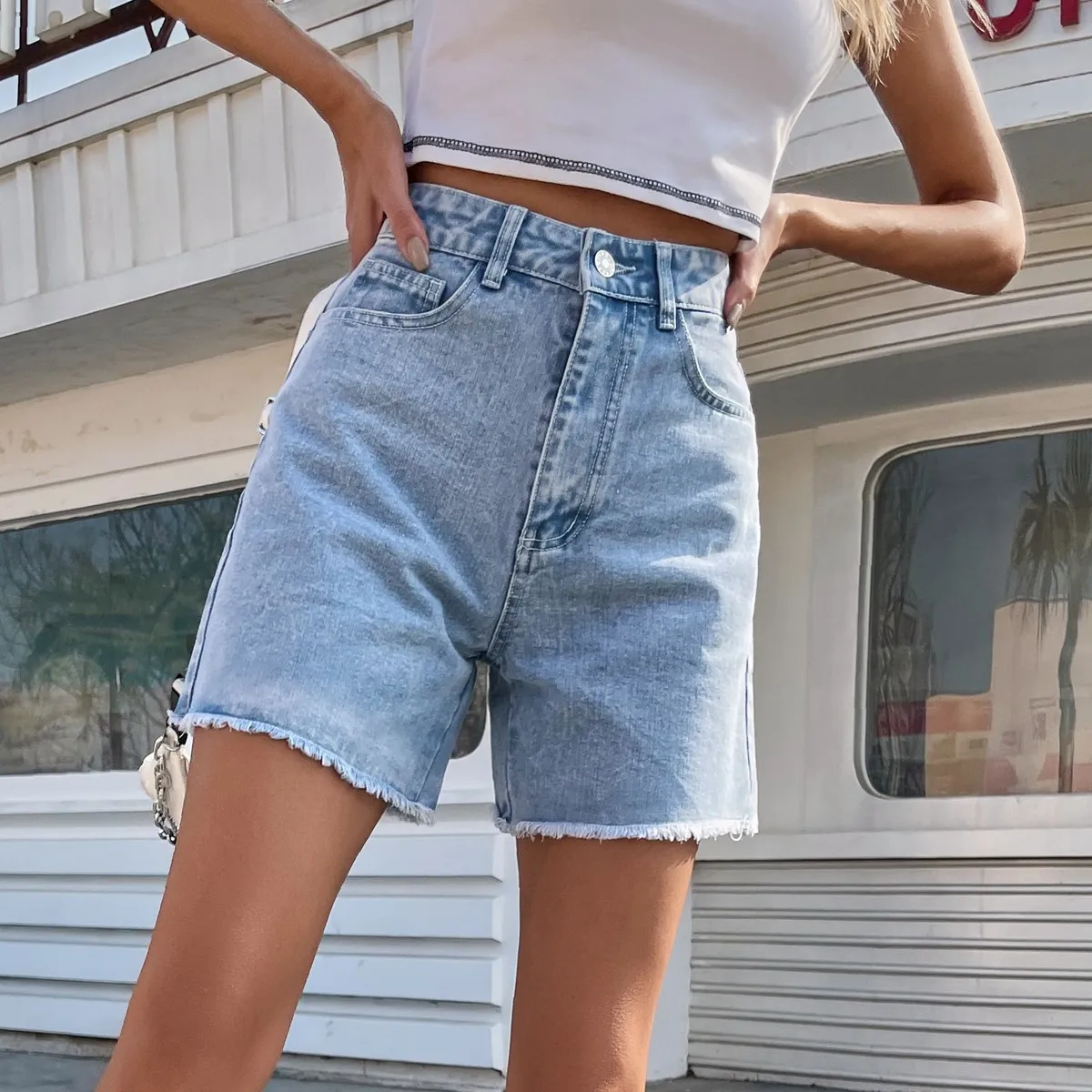 Customizable Blue Women's Denim Shorts Summer High Waist Casual Chic ...