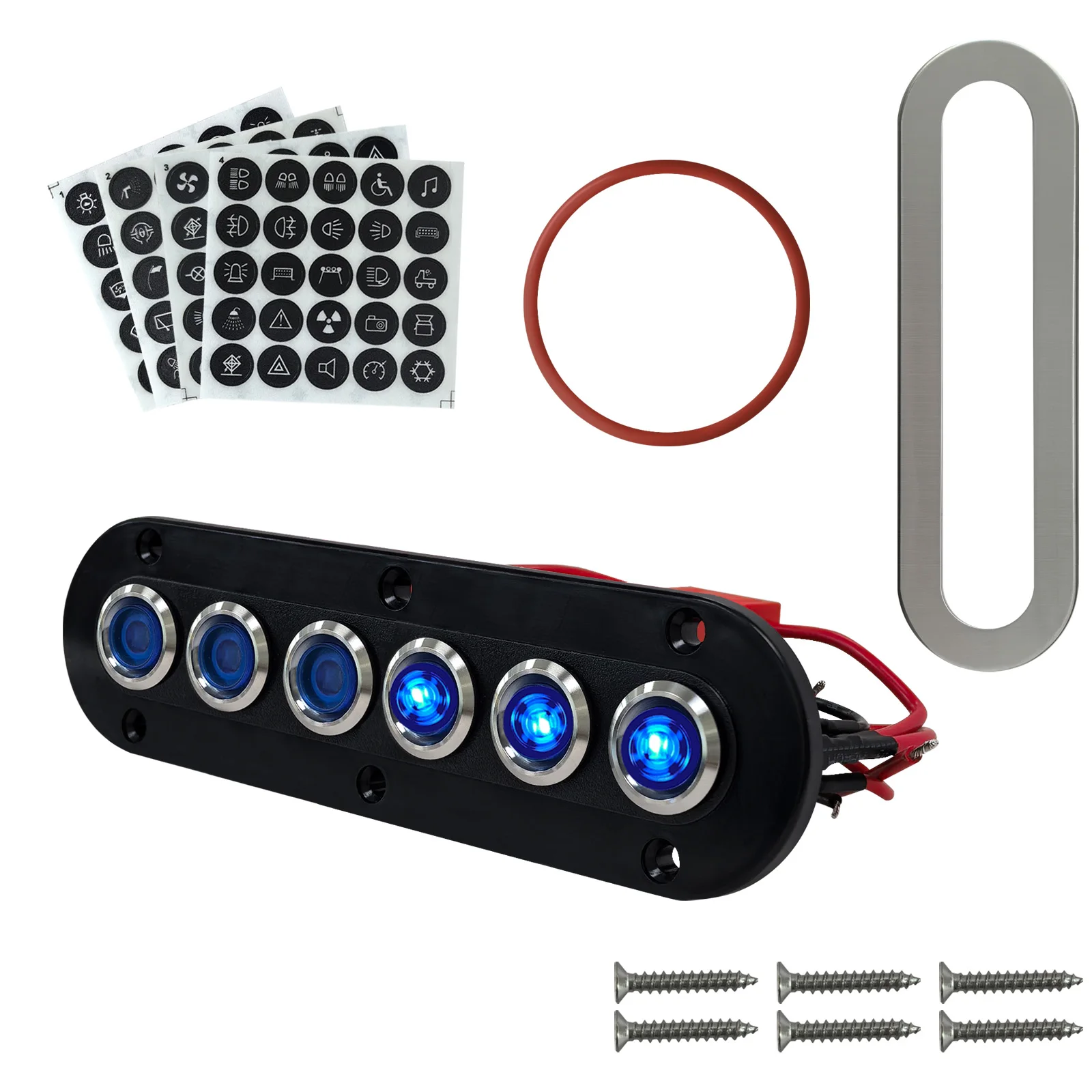 6Gang Push Switch Stainless Steel Switch Panel 12V/24V Blue LED Backlit ...