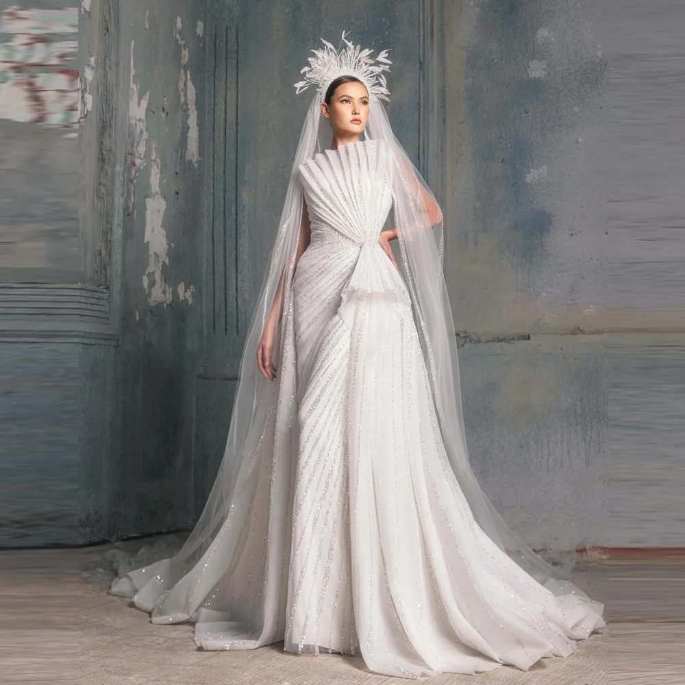 2023 Newest White Pleated Tulle Wedding Gowns Silver Sequins Strip ...