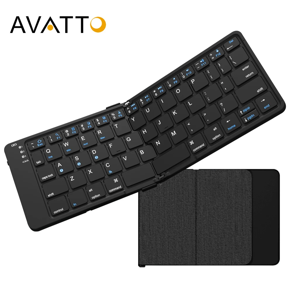 AVATTO Portable Wireless Bluetooth 5.1 Folding keyboard Sync Up to 3 Devices Mini Keyboard for ...