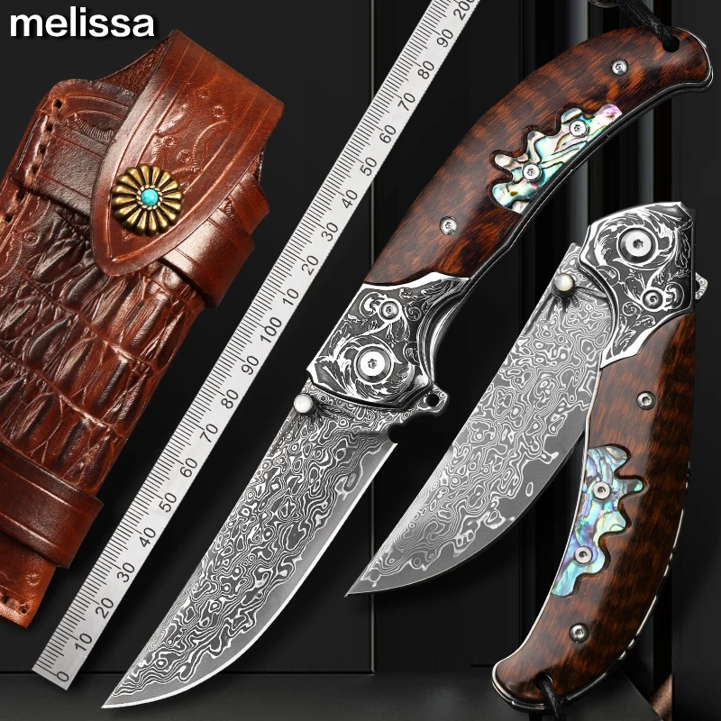 VG-10-Damascus-Steel-folding-Knife-snake-grain-wood-handle-EDC-Self ...