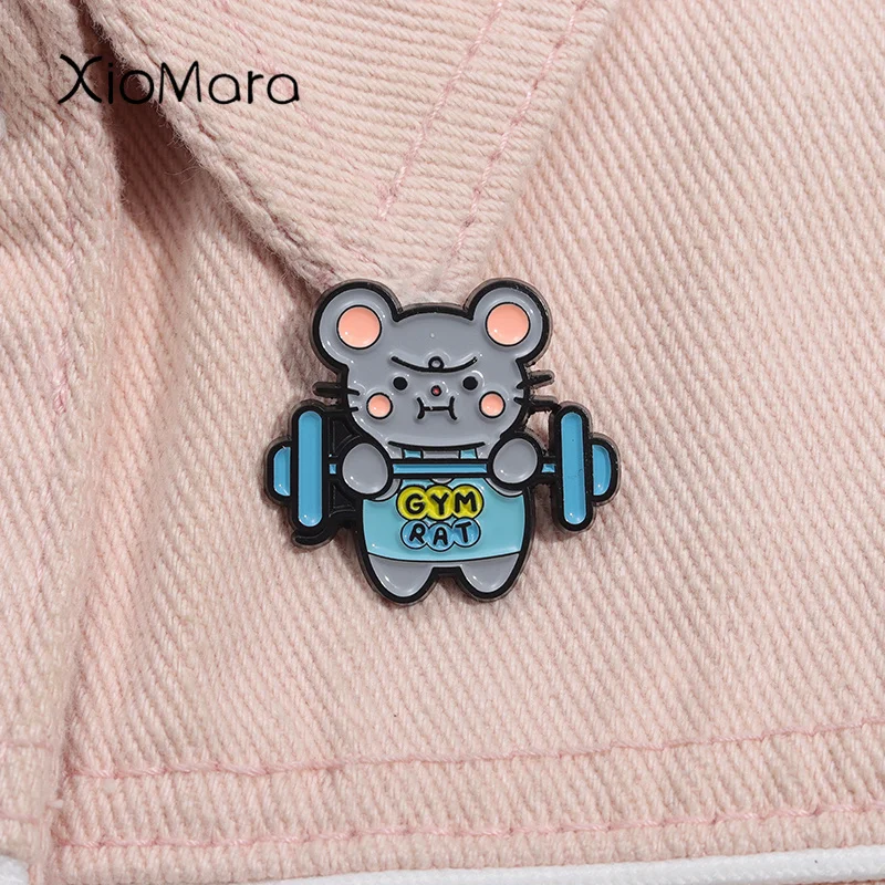 Cartoon-Gym-Mouse-Enamel-Pin-Cute-Mouse-Weightlifting-Animal-Brooch ...