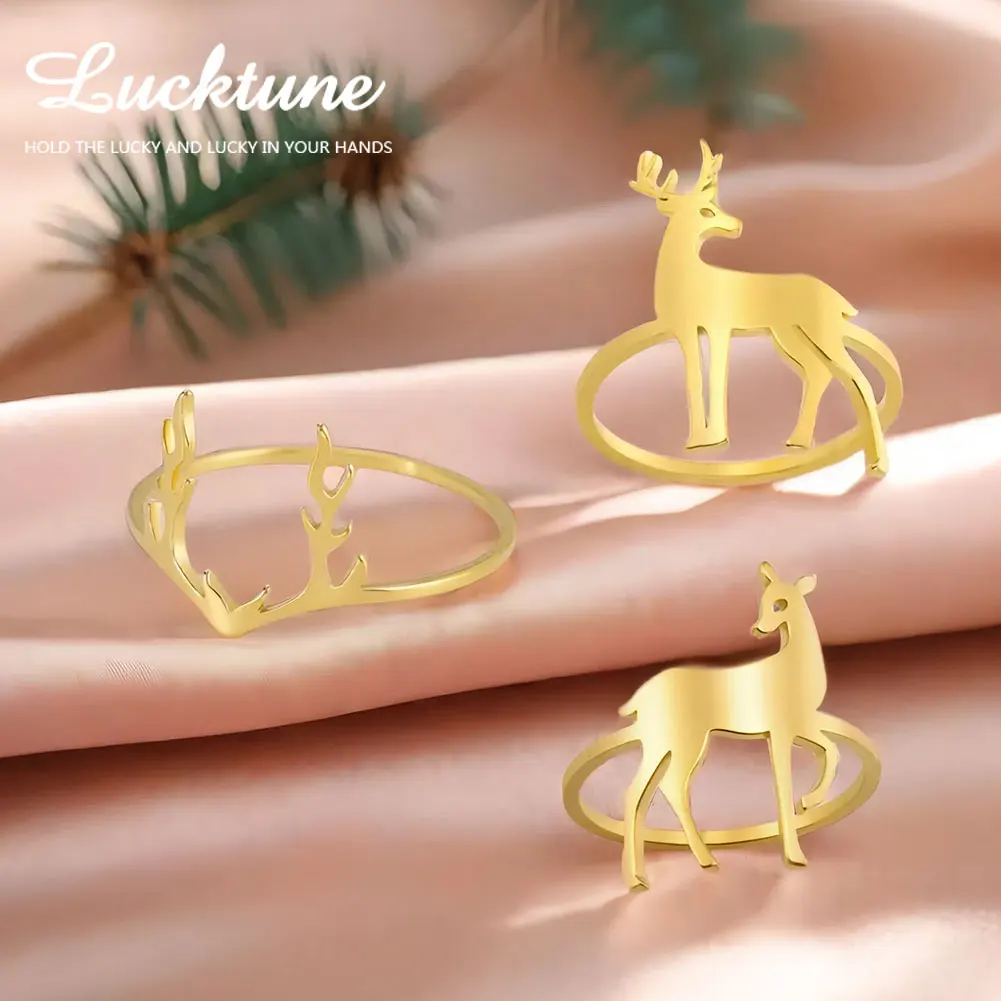 Lucktune Horned Deer Rings for Women Men Stainless Steel Gold Color ...
