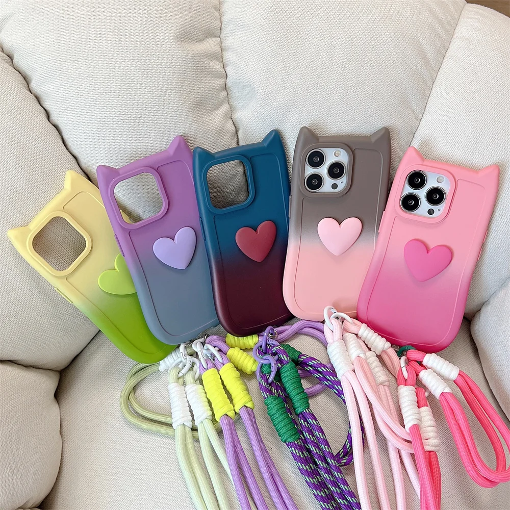 Cute Cartoon Gradient Cat Ear Crossbody Phone Case for IPhone 15 14 ...