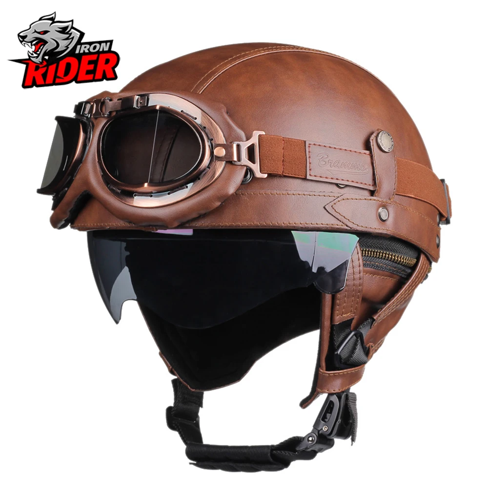 Summer Motorcycle Helmet Half PU Leather Retro Motorbike Helm Moto Bike ...