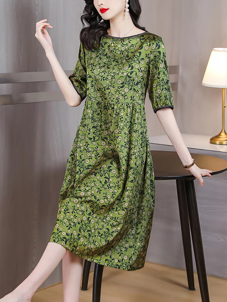 Women-Green-Floral-Silk-Satin-Midi-Dress-Summer-Fashion-Short-Sleeve ...
