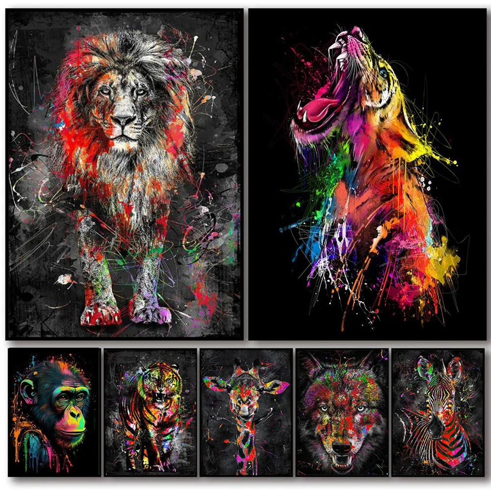 Abstrakte-Graffiti-wilde-Tiere-Farbe-L-we-Elefant-Leinwand-Kunst-HD ...