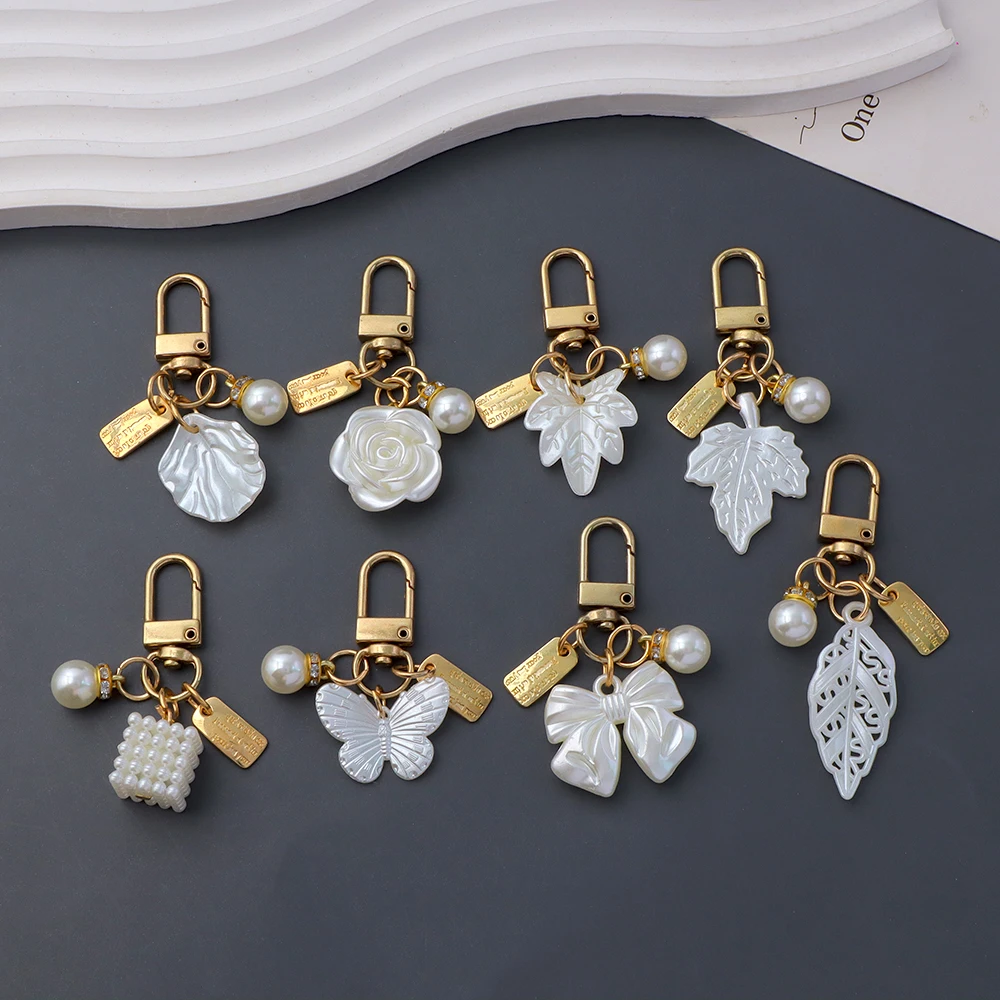 Cute Pearl Flower Keychain Shiny Shell Leaf Key Chain Metal Tag Pendant ...