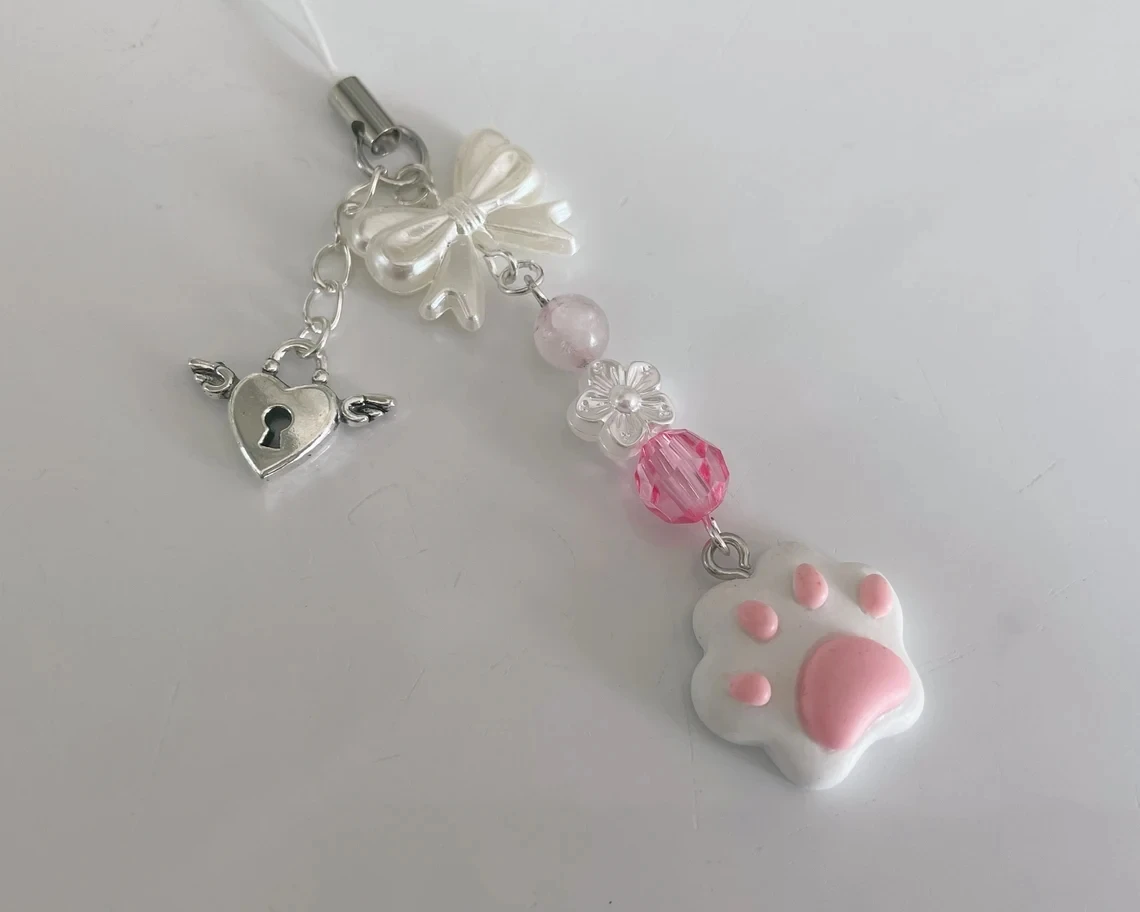 Handmade-Pastel-Pink-Kitten-Paw-Phone-Charm-pink-white-keychain-phone ...