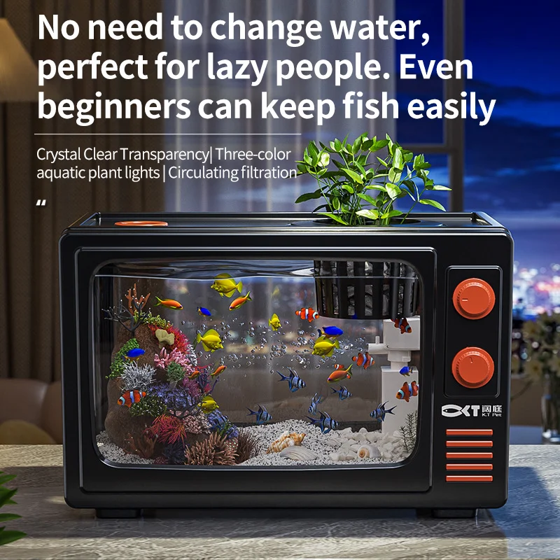 Desktop Fish Tank Eco Self-Cleaning No Water Change Retro TV Aquarium ...