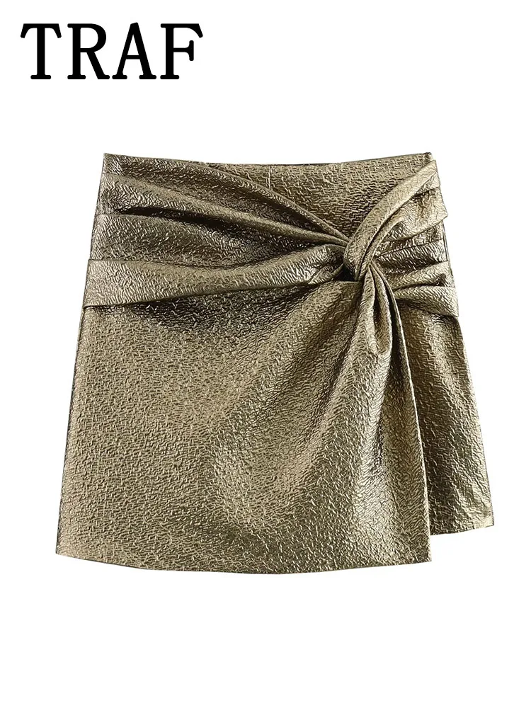 Traf-2024-Knoop-Mini-Rok-Shorts-Vrouw-Goud-Dames-Skort-Geplooid-Hoge ...