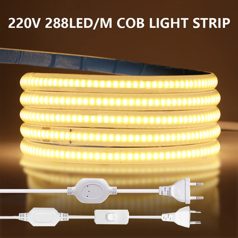 220V Switch COB LED Strip Light 5m 10m 20m 30m 50m EU Power Plug ...